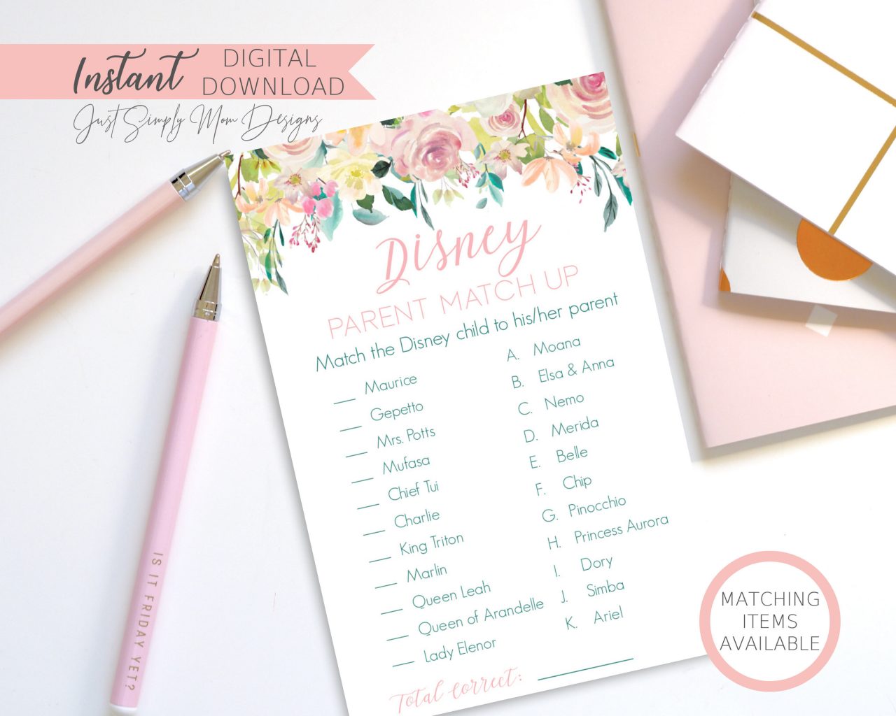 Baby Shower Disney Parent Match Game - Just Simply Mom Designs